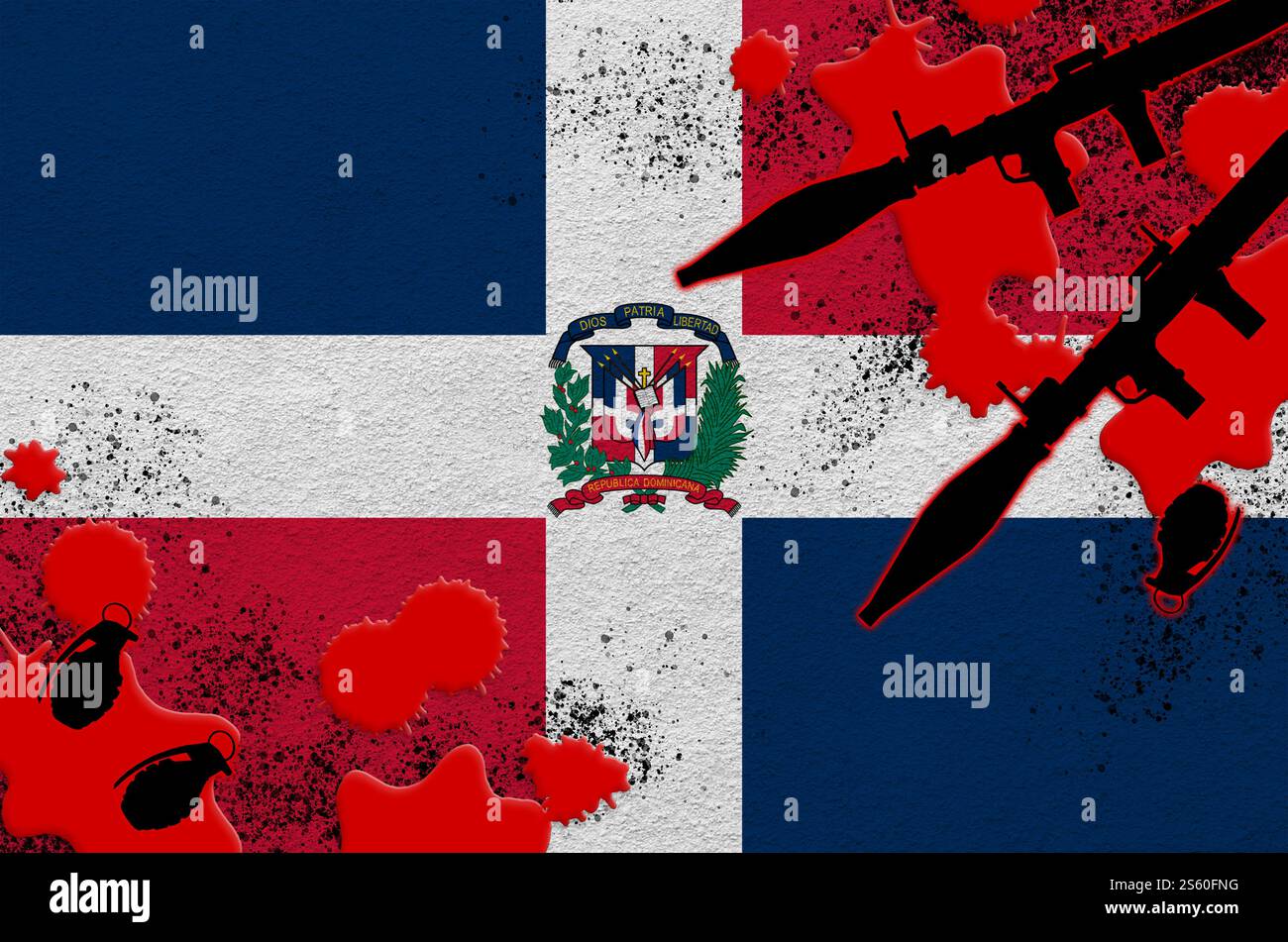 Dominican Republic flag and rocket launchers with grenades in blood ...