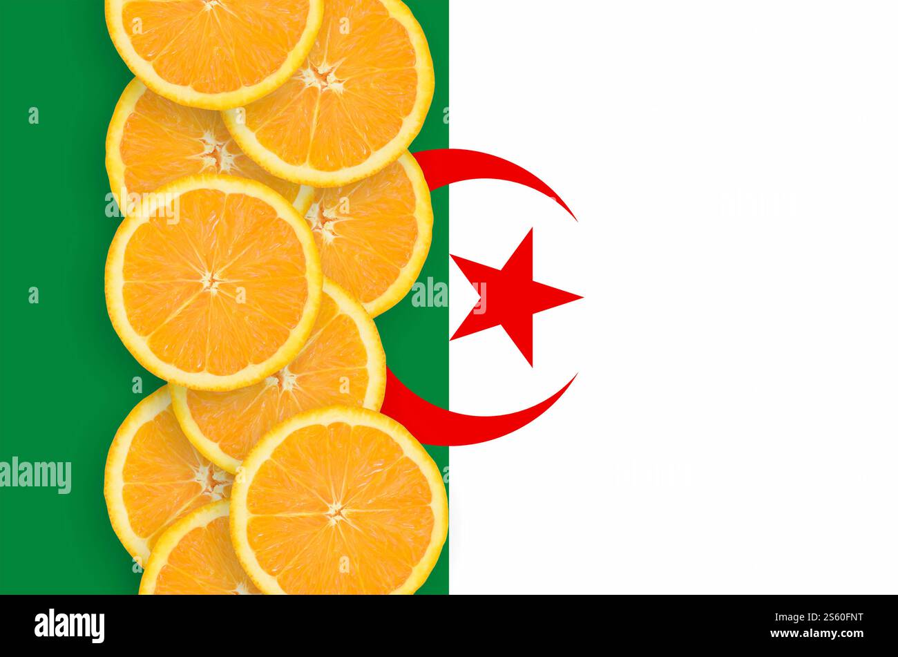 Algeria flag and vertical row of orange citrus fruit slices. Concept of ...