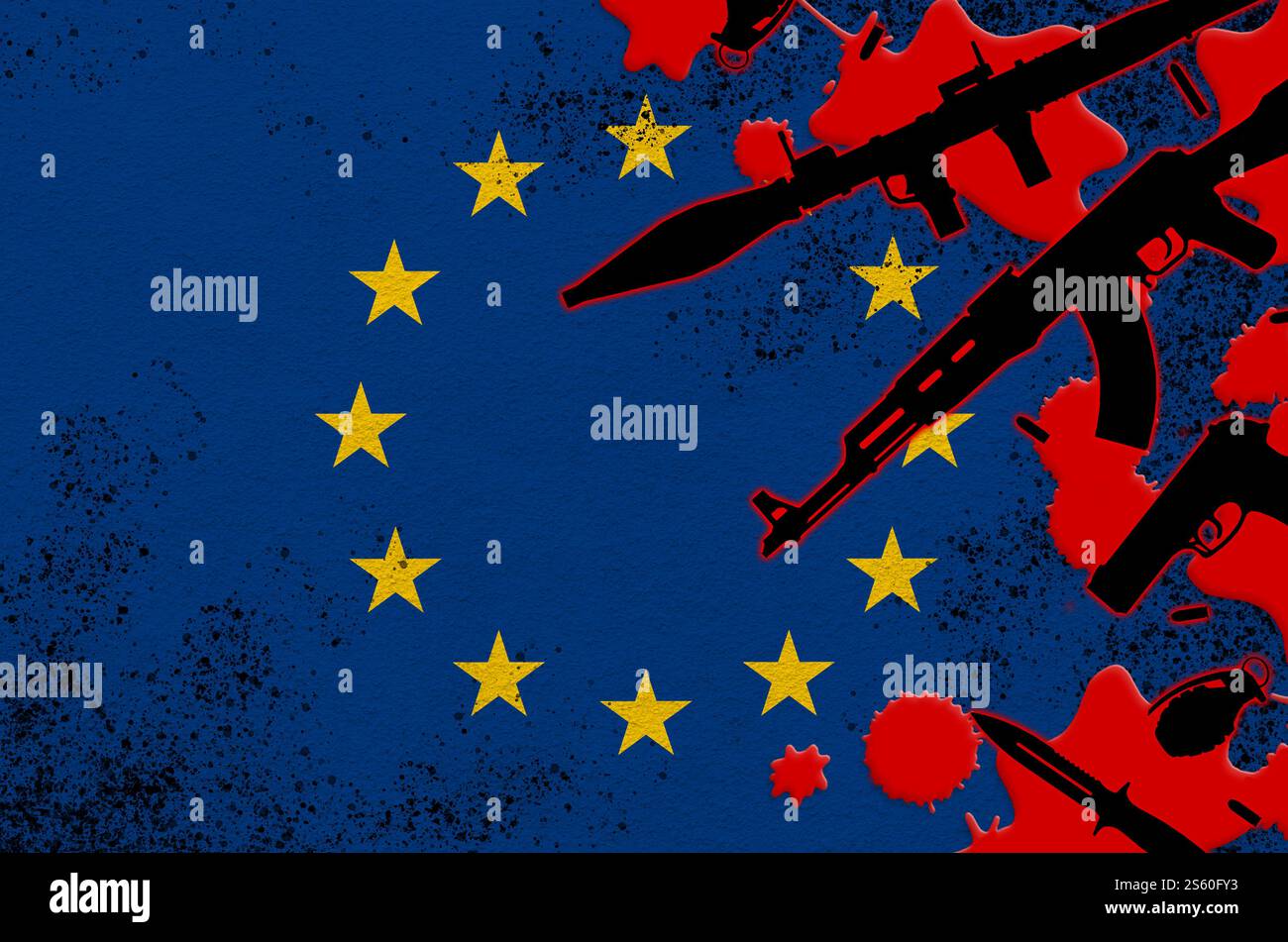 European union flag and various weapons in red blood. Concept for ...