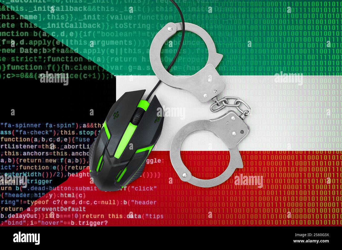 Kuwait flag and handcuffed modern backlit computer mouse. Creative ...