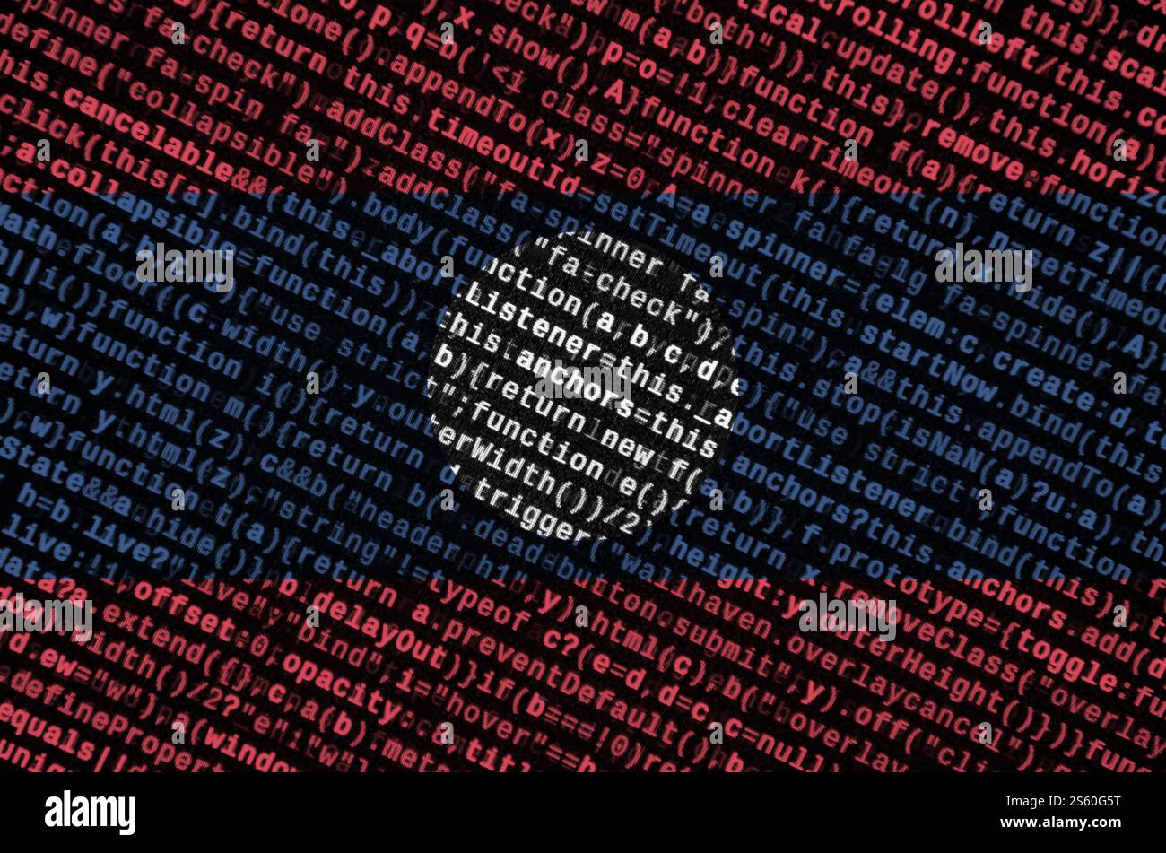 Laos flag is depicted on the screen with the program code. The concept of modern technology and ...