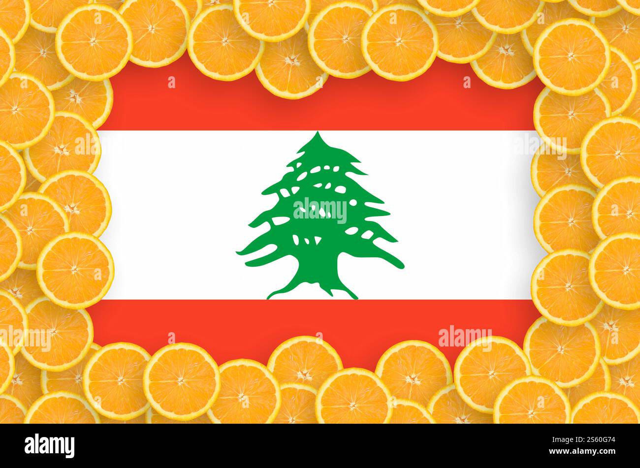 Lebanon flag in frame of orange citrus fruit slices. Concept of growing ...