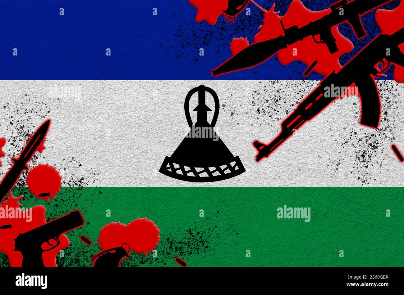 Lesotho flag and various weapons in red blood. Concept for terror ...