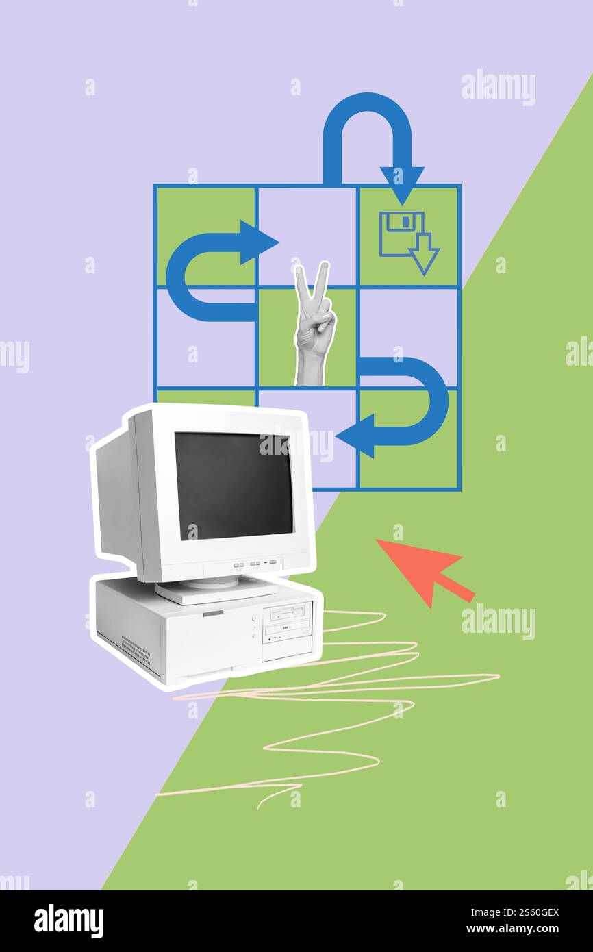 Vertical art creative trend collage of old-fashioned pc monitor device ...