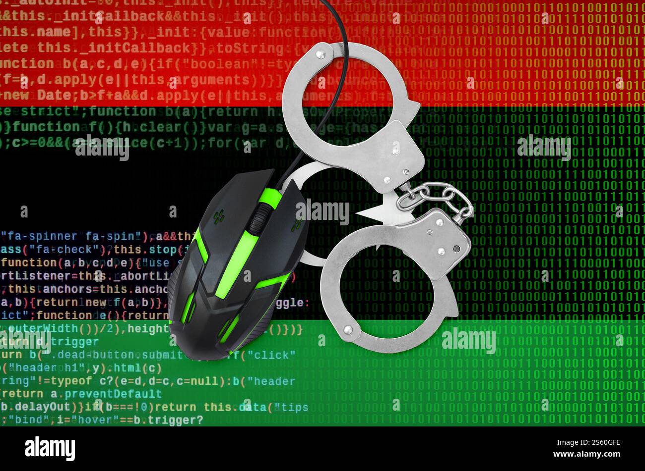 Libya flag and handcuffed modern backlit computer mouse. Creative concept of combating computer ...