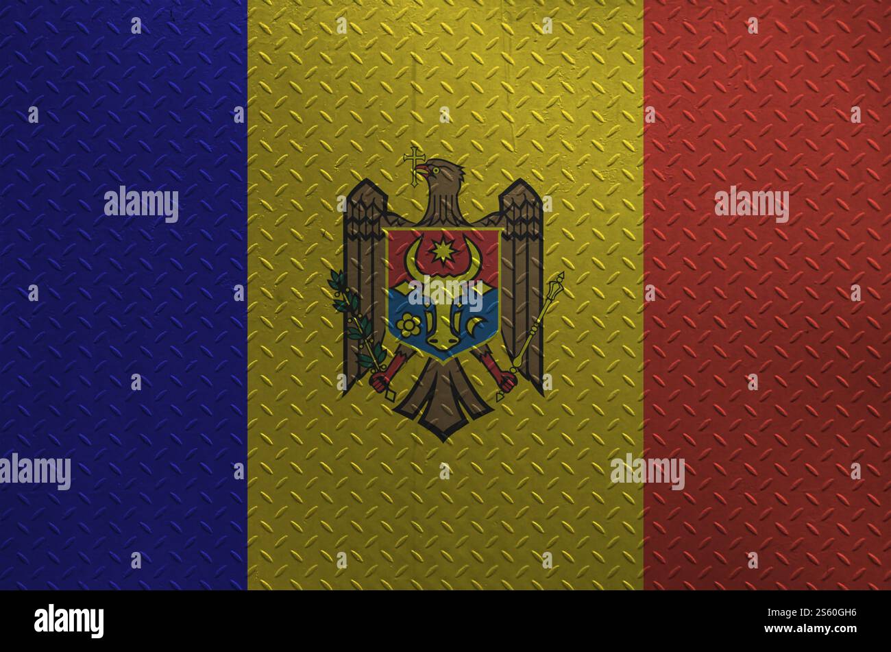 Moldova flag depicted in paint colors on old brushed metal plate or ...