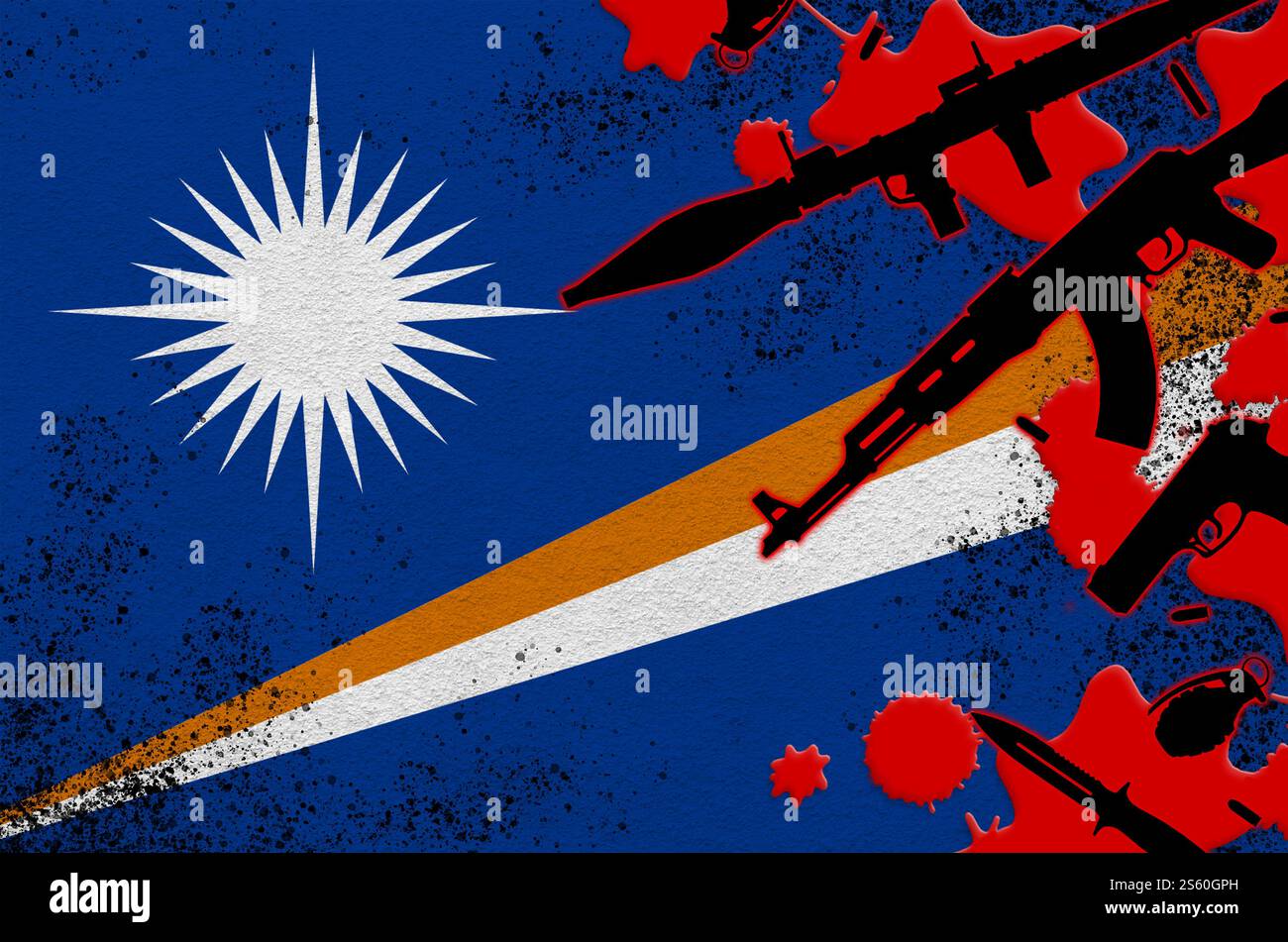 Marshall Islands flag and various weapons in red blood. Concept for ...