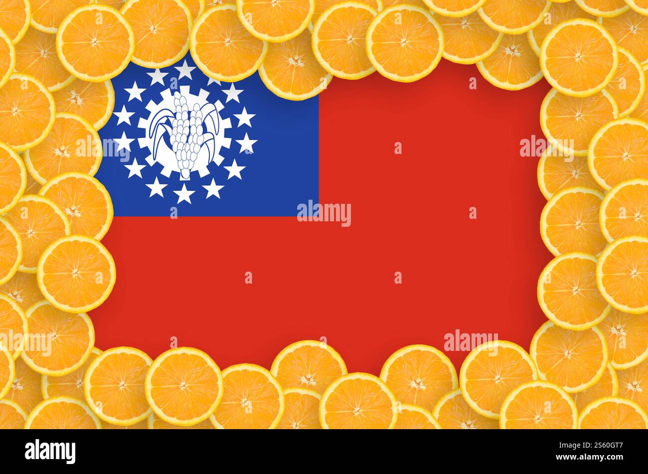 Myanmar flag in frame of orange citrus fruit slices. Concept of growing ...