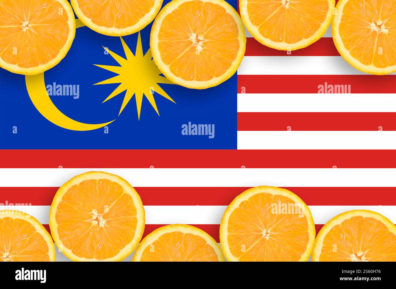 Malaysia flag in horizontal frame of orange citrus fruit slices ...