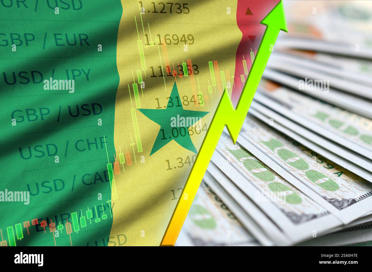 Senegal flag and chart growing US dollar position with a fan of dollar ...