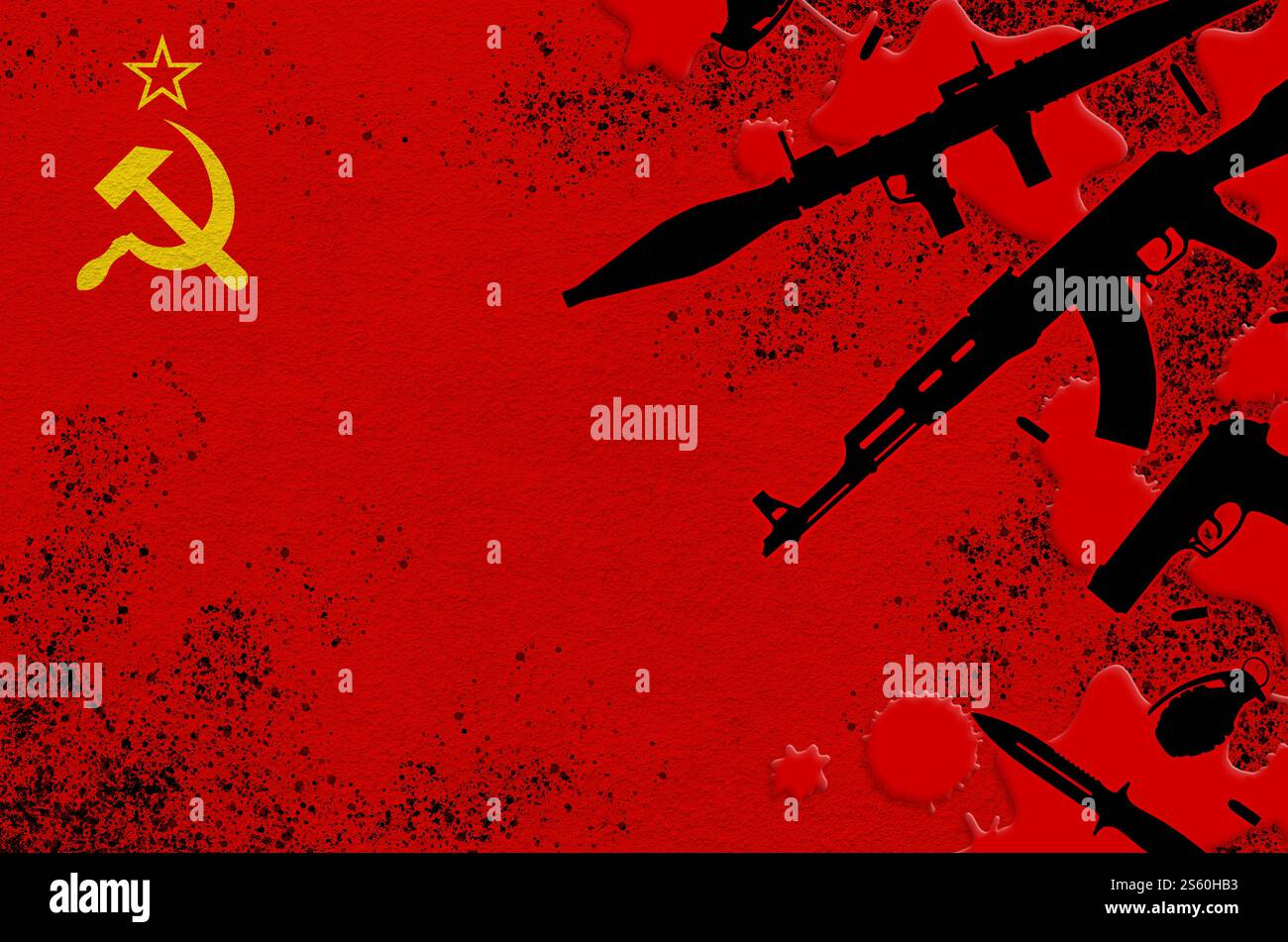 Soviet Union flag and various weapons in red blood. Concept for terror ...