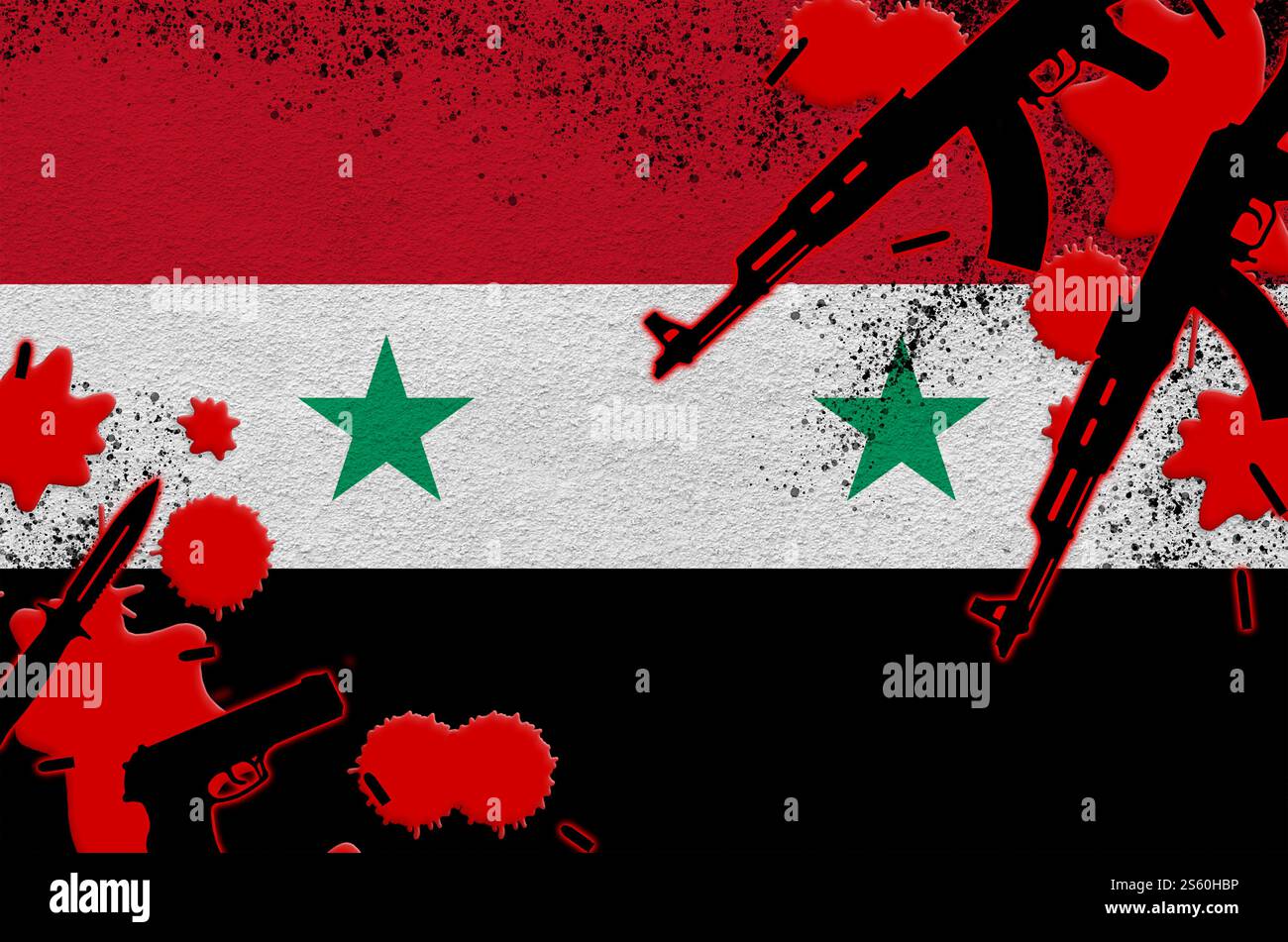 Syria flag and guns in red blood. Concept for terror attack and ...