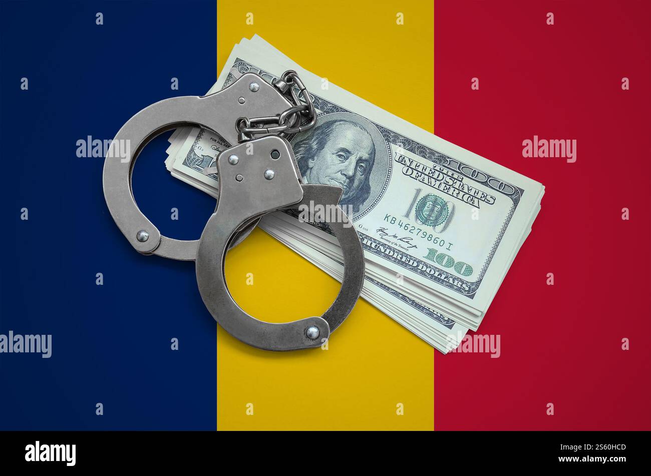 Chad flag with handcuffs and a bundle of dollars. Currency corruption ...