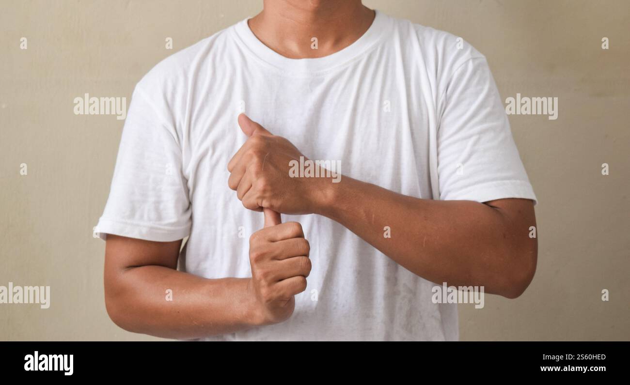young man showing sign language with hand gestures speaking body ...