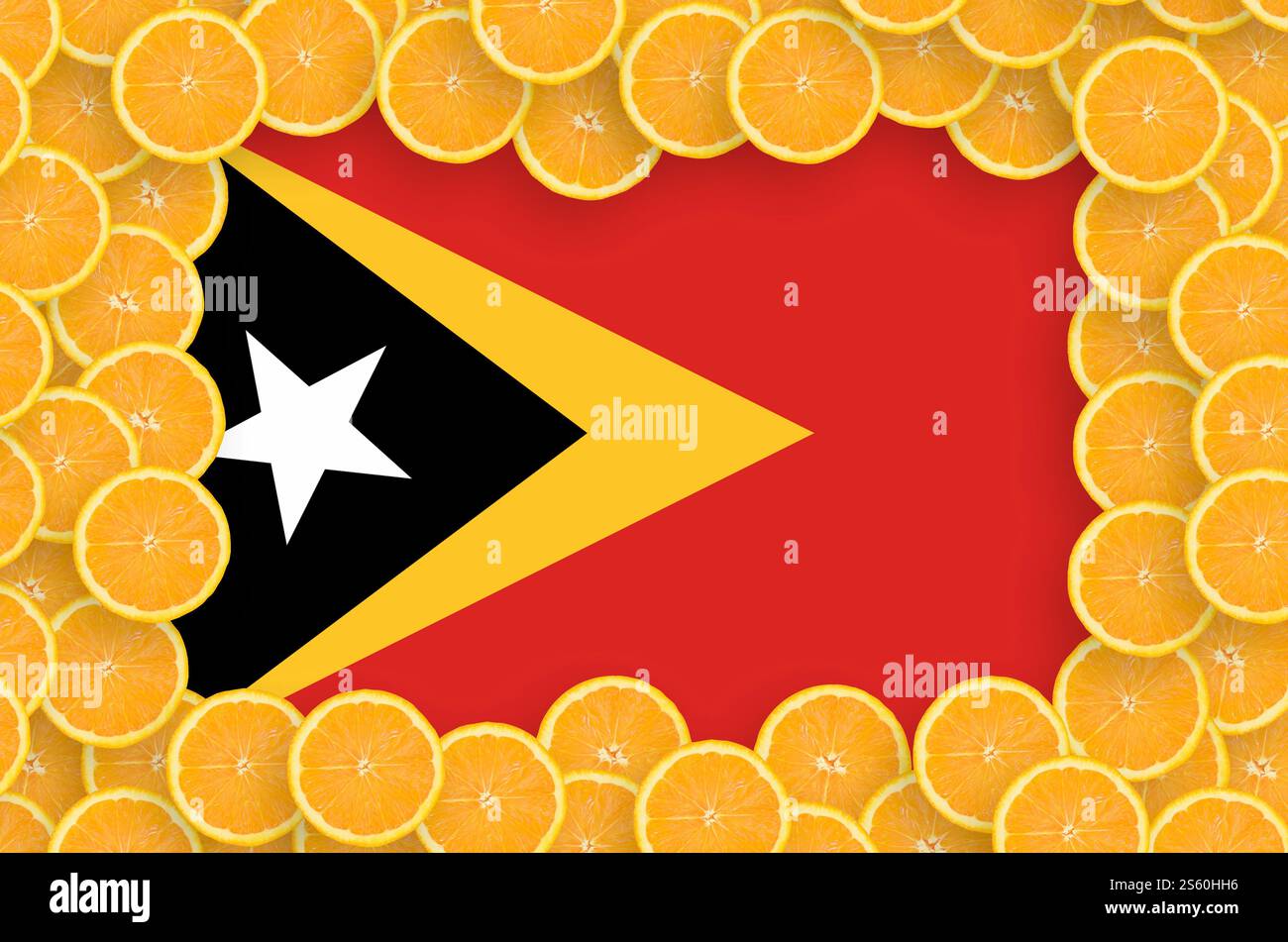 Timor Leste flag in frame of orange citrus fruit slices. Concept of ...