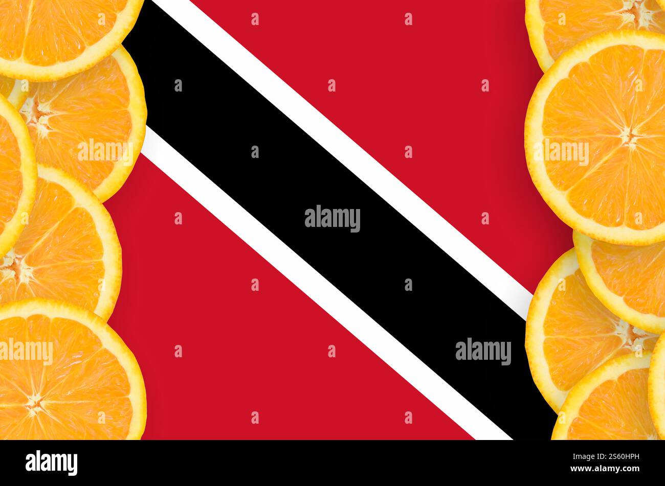 Trinidad and Tobago flag in vertical frame of orange citrus fruit ...
