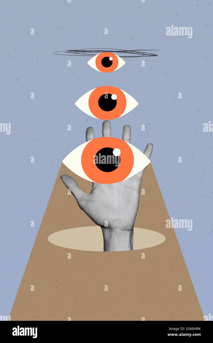 Vertical sketch 3d artwork collage poster of hands show palm eyeball ...
