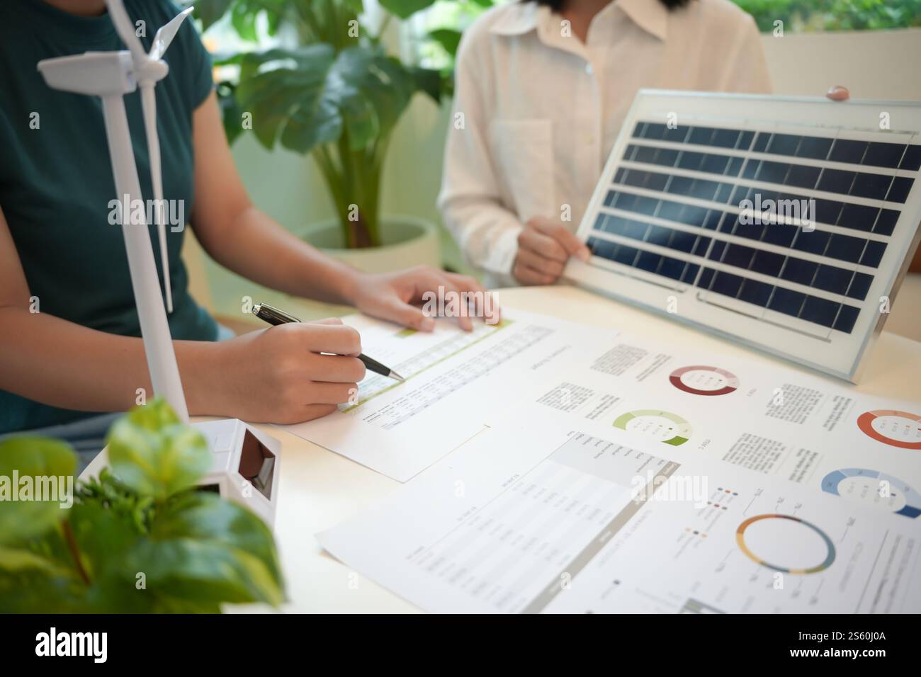 Solar panels green energy Business people working in green eco friendly ...