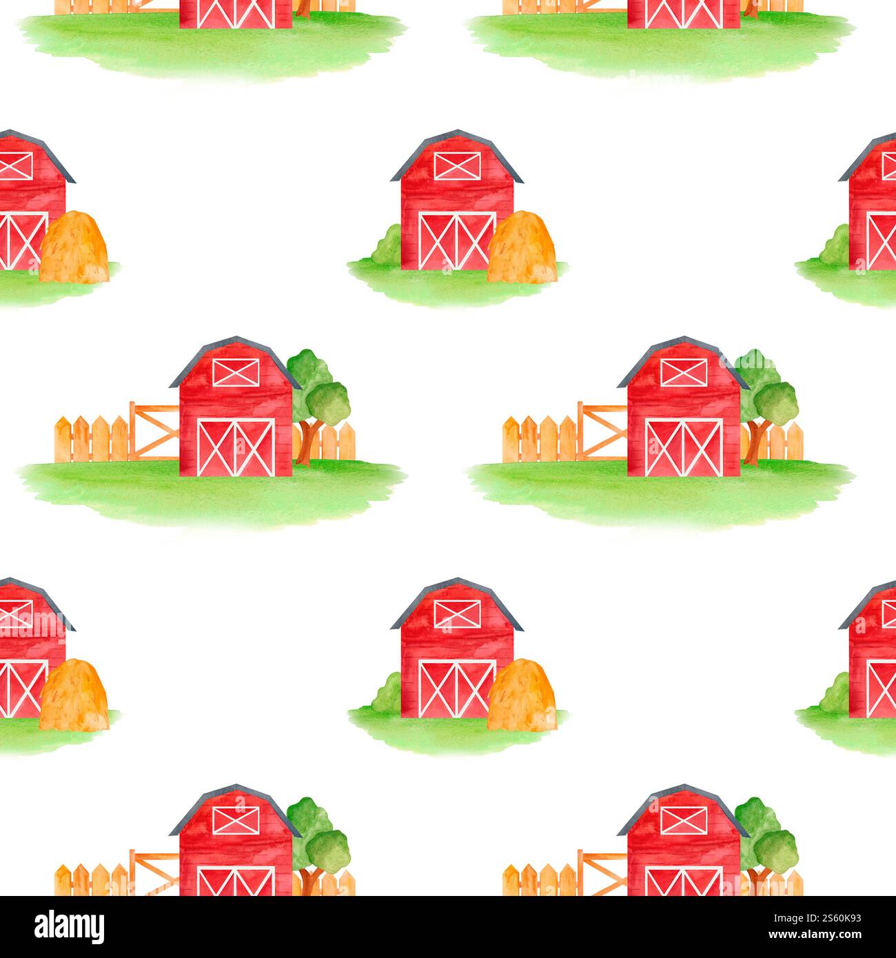 Farm landscapes. Watercolor illustration in a seamless pattern ...