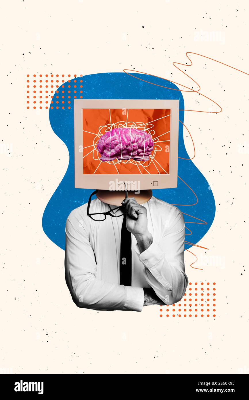 Photo poster 3d image collage banner of anonym man instead head pc ...