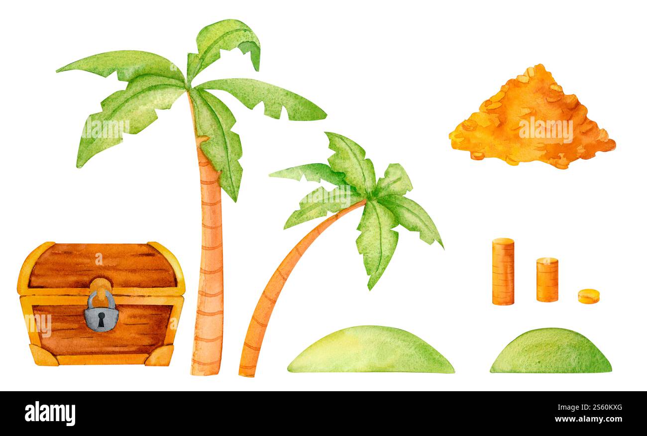 A set of palm trees, a treasure chest, piles of coins, and mountain of ...