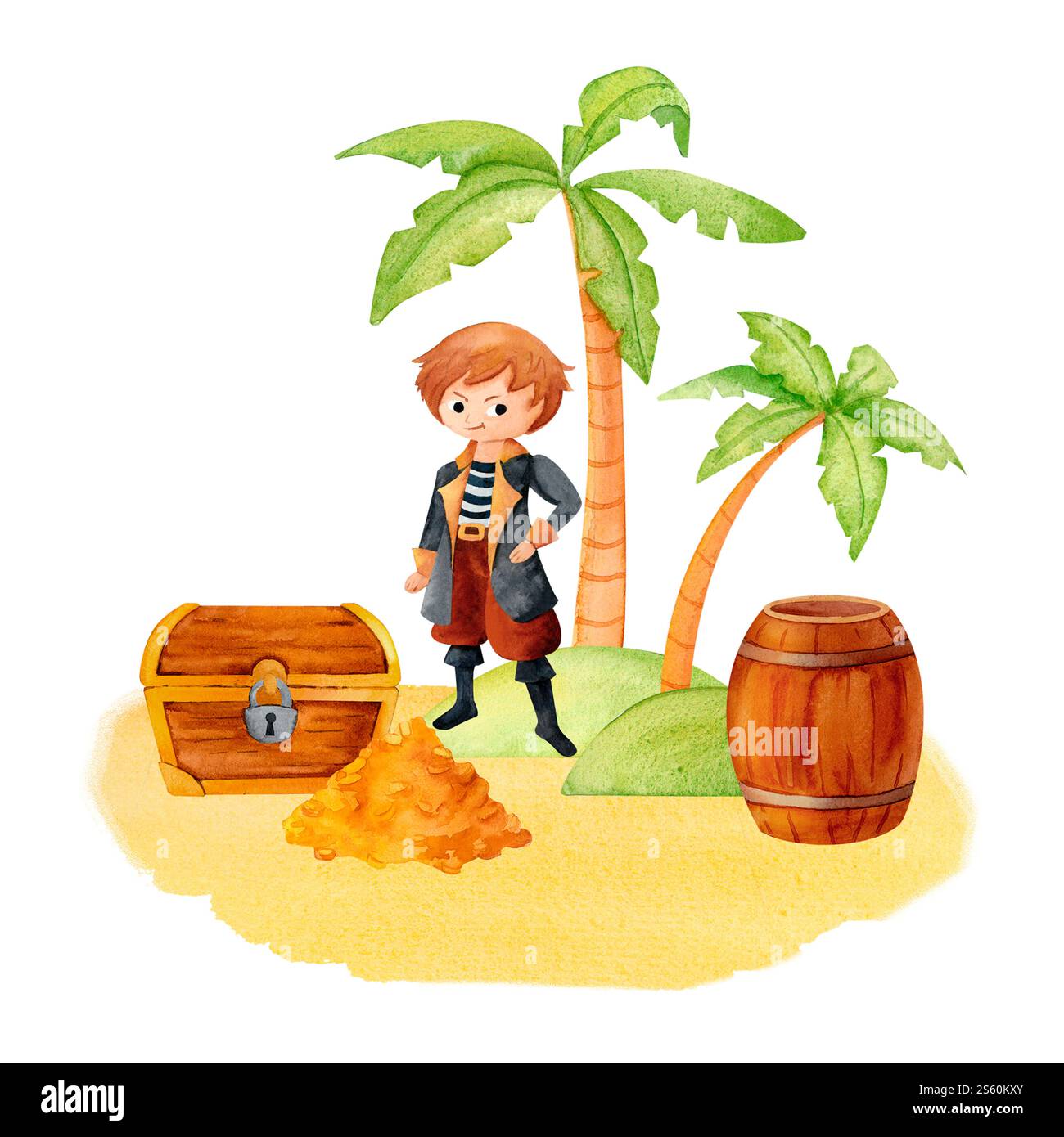 A little corsair on a tropical island with pirate accessories: chest ...