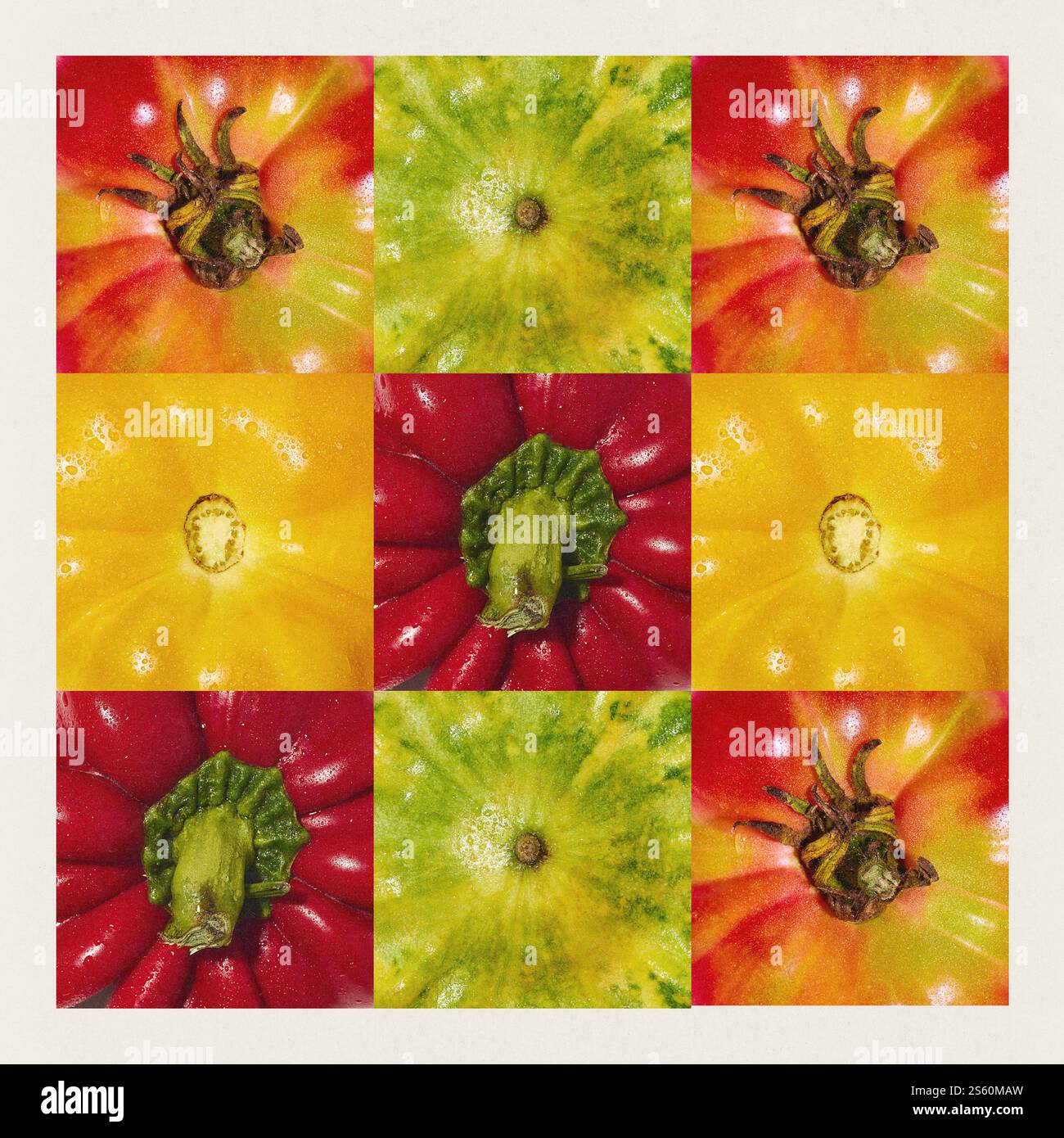 Poster. Contemporary art collage. Colorful tomato tops in grid ...