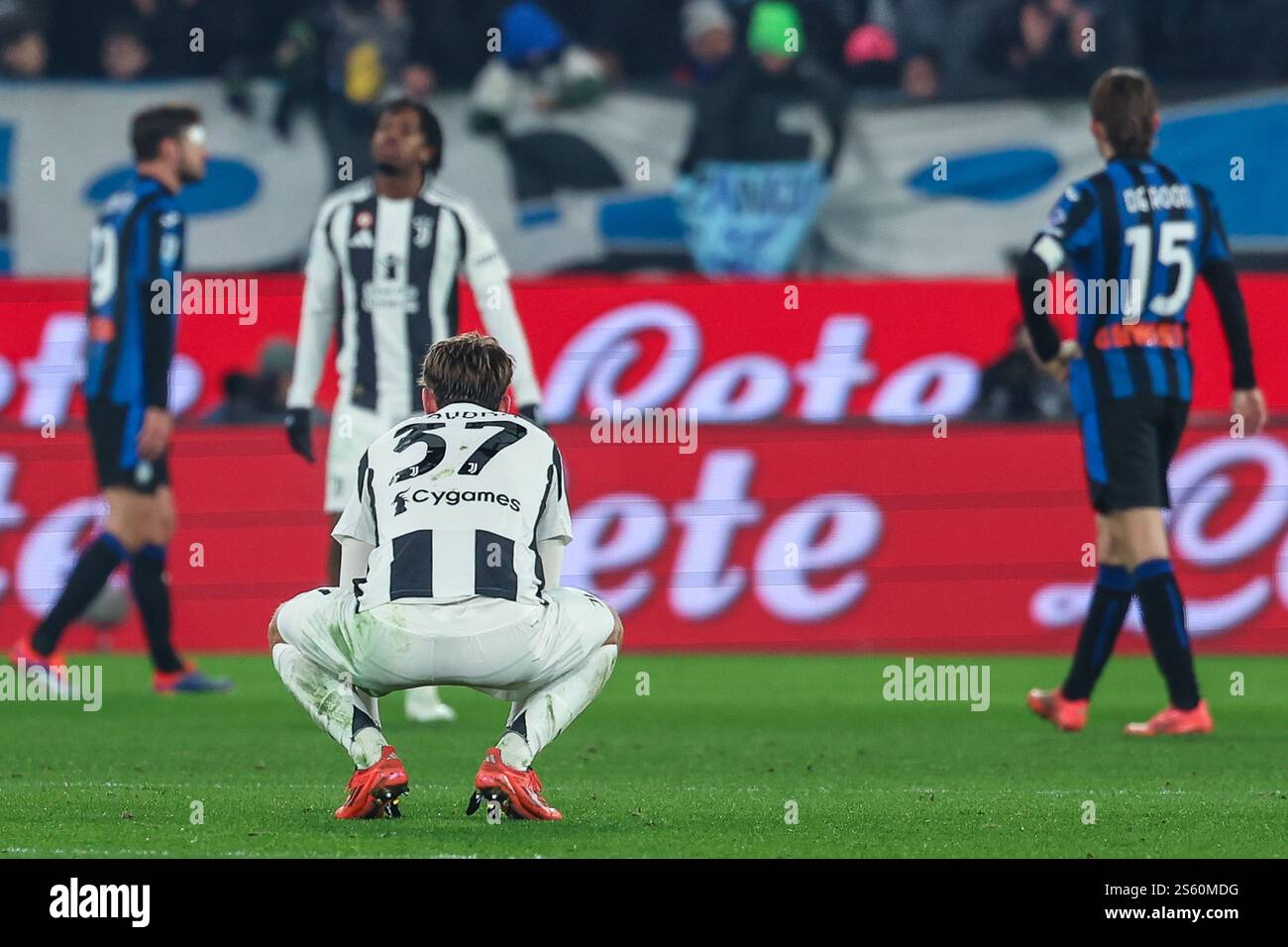 Bergamo, Italy. 14th Jan, 2025. Nicolo Savona of Juventus FC reacts at ...