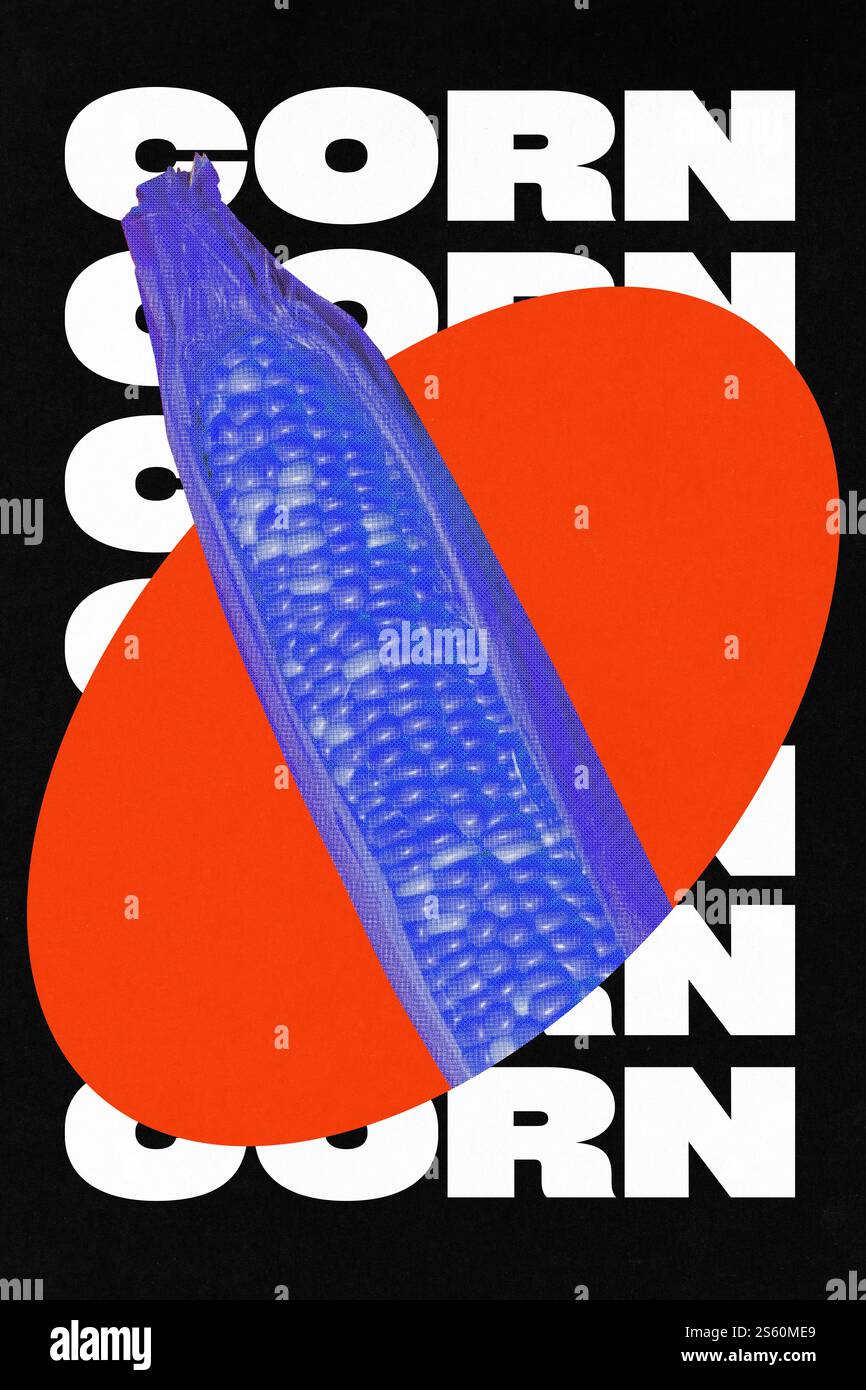 Poster. Contemporary art collage. Blue corn on bold red shape with ...