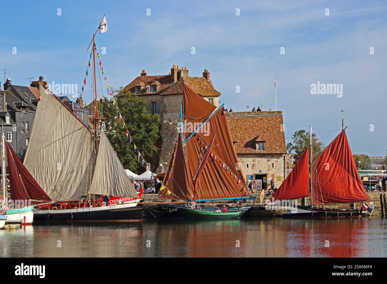 Traditional sailing boats, with sails hoisted, Vieux-Bassin, Honfleur ...