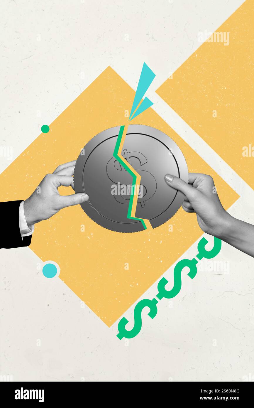 Image vertical art banner collage of hands hold coin crack half dollar ...