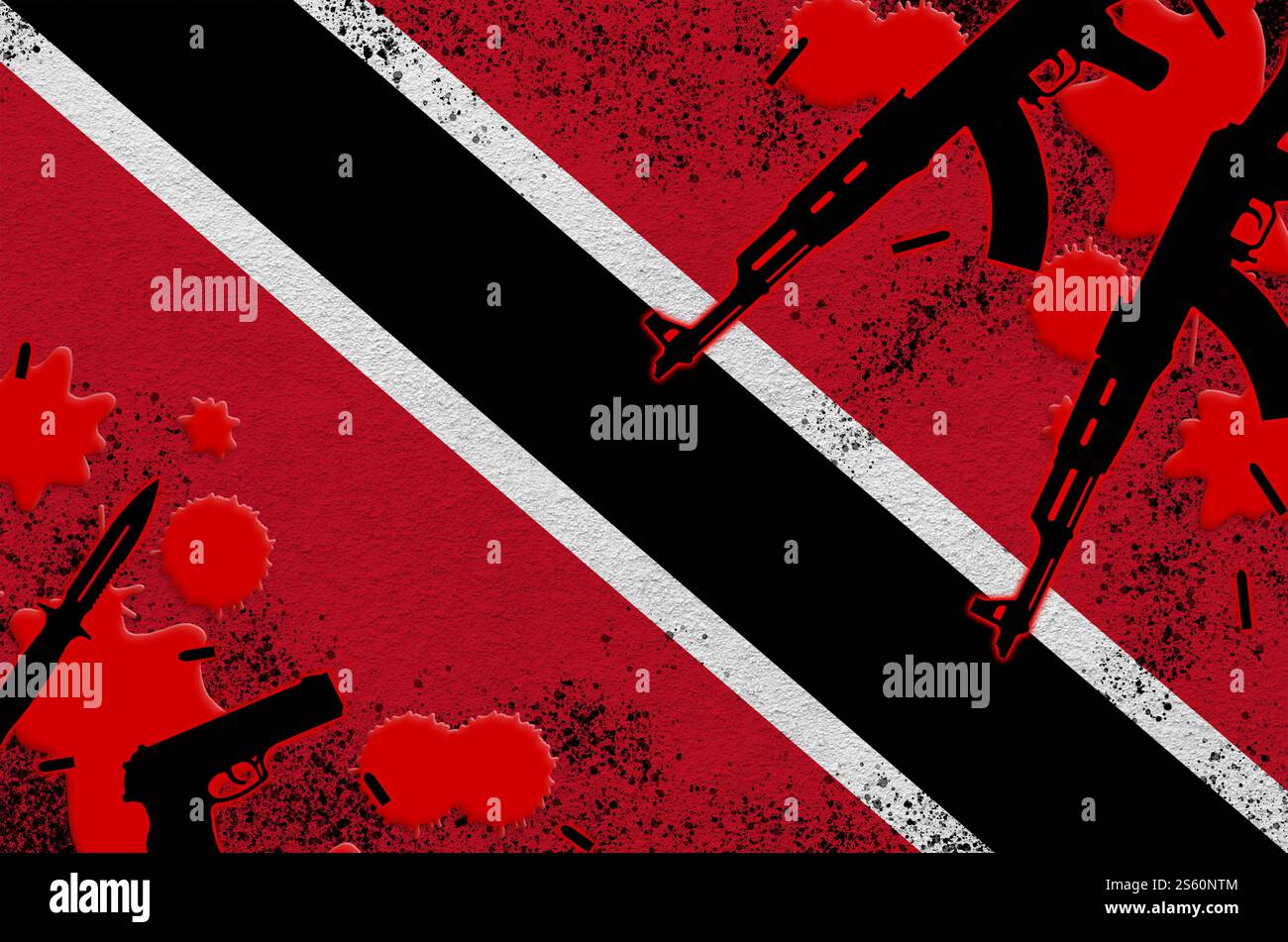 Trinidad and Tobago flag and guns in red blood. Concept for terror ...