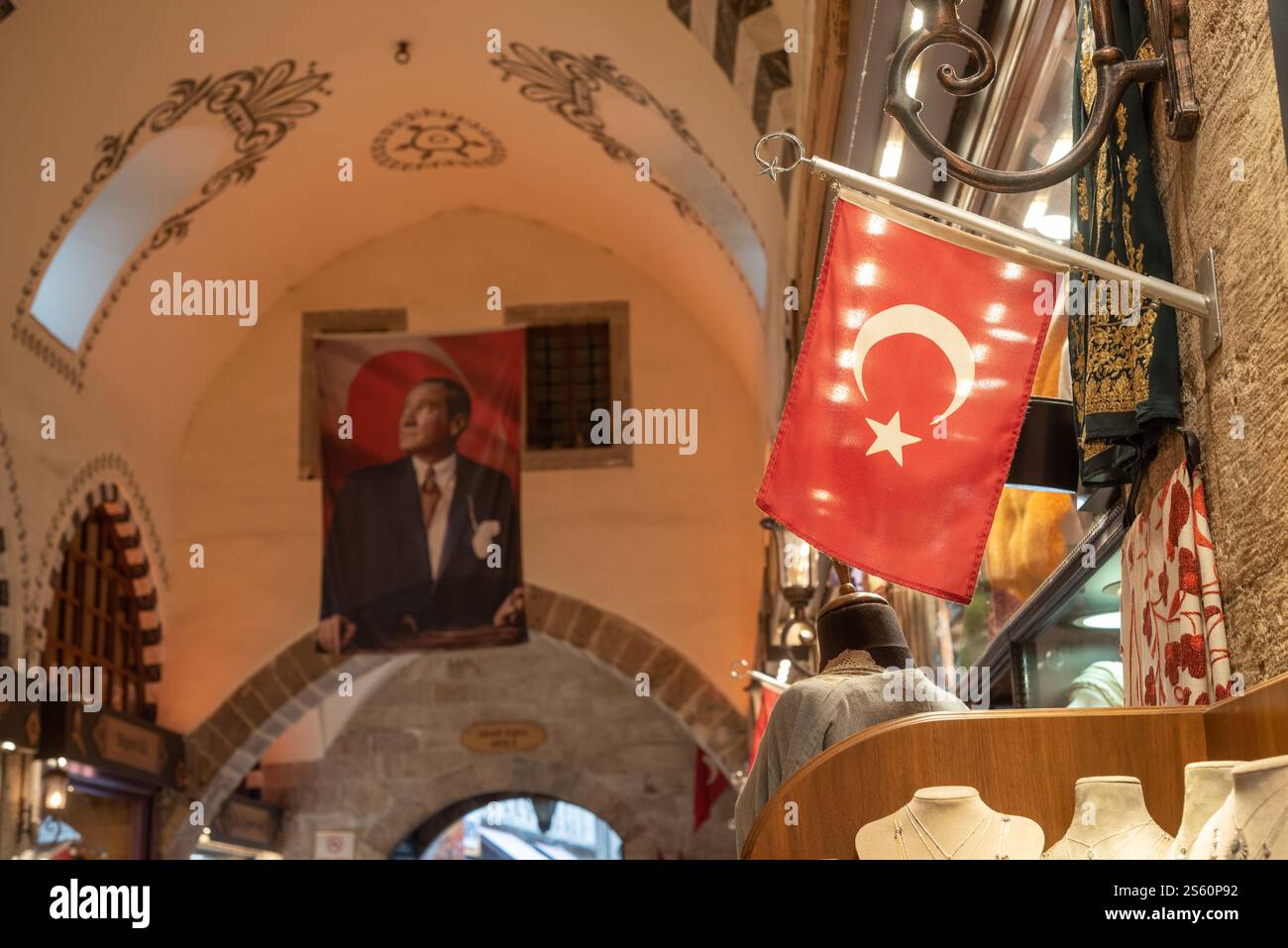 The Turkish flag and portrait of Mustafa Kemal Ataturk displayed inside ...