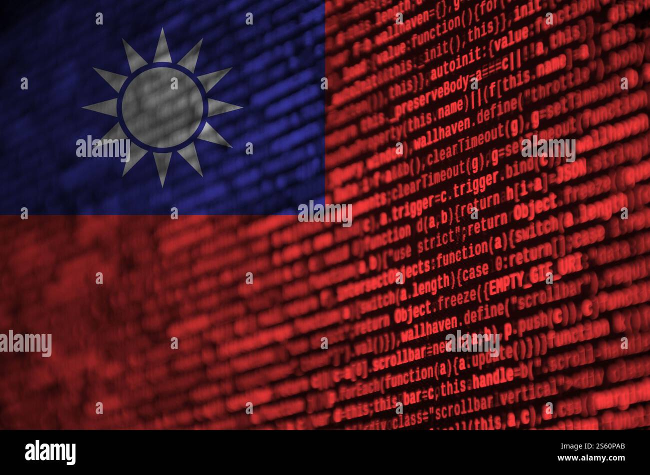 Taiwan flag is depicted on the screen with the program code. The concept of modern technology ...