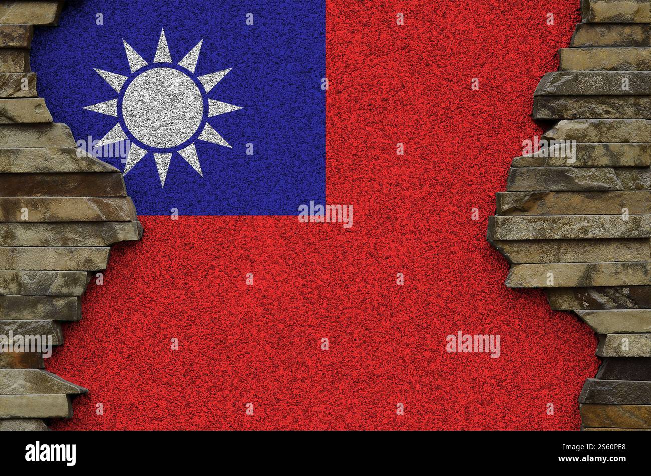 Taiwan flag depicted in paint colors on old stone wall close up ...