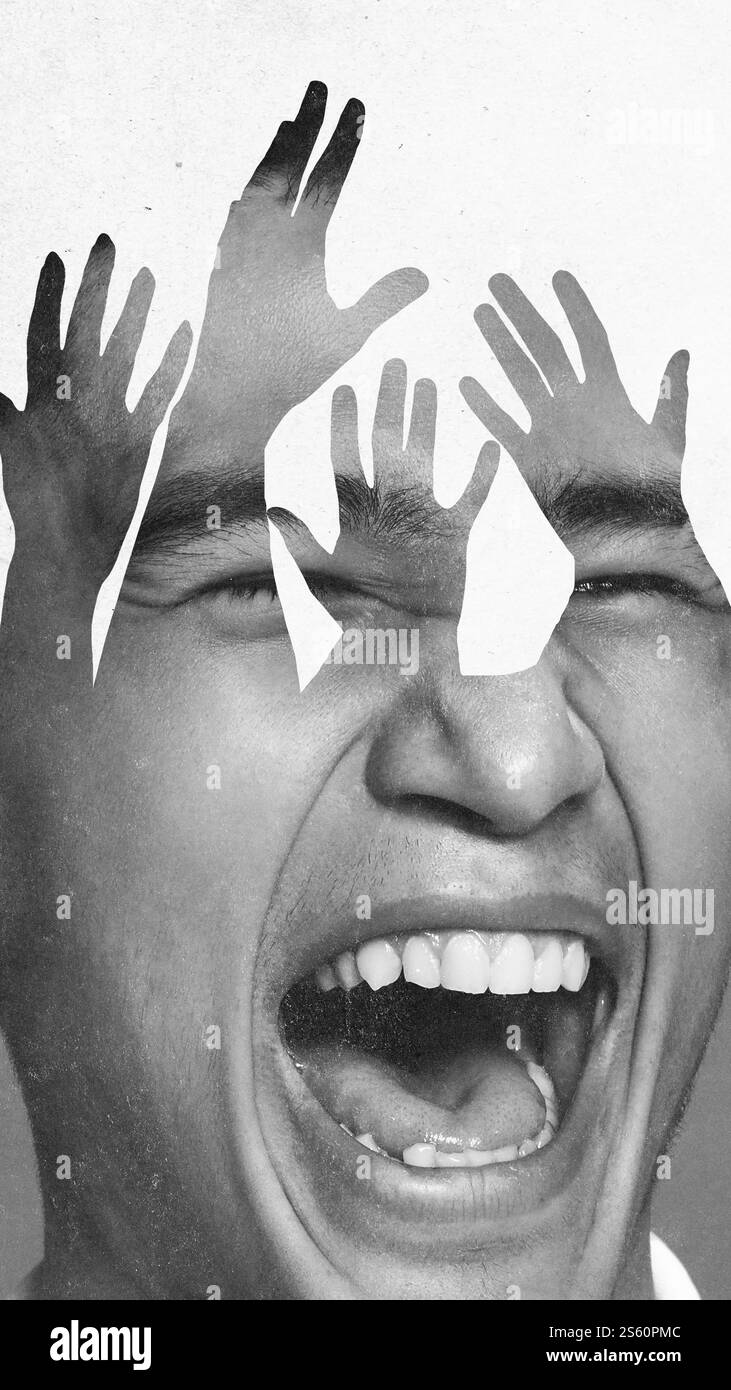 Modern artwork. Man laughing, mouth wide, layered with reaching hands ...