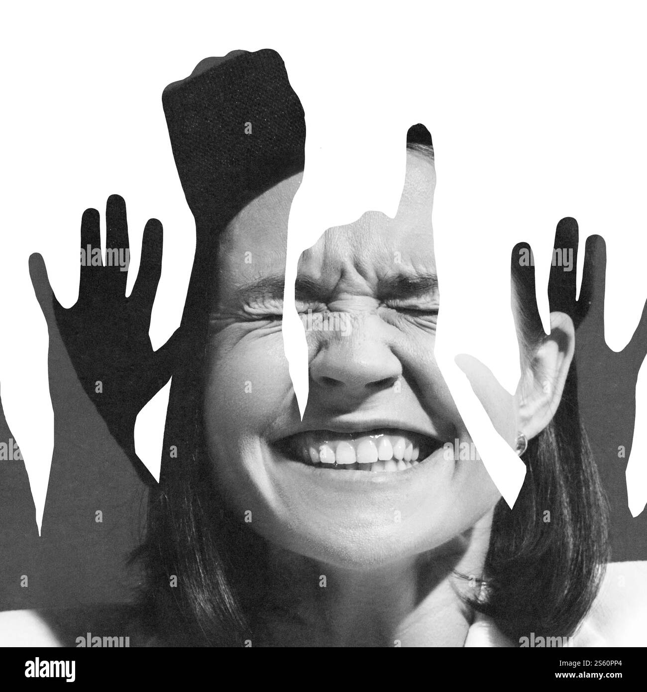 Conceptual graphic design. Woman smiling with closed eyes, hands ...