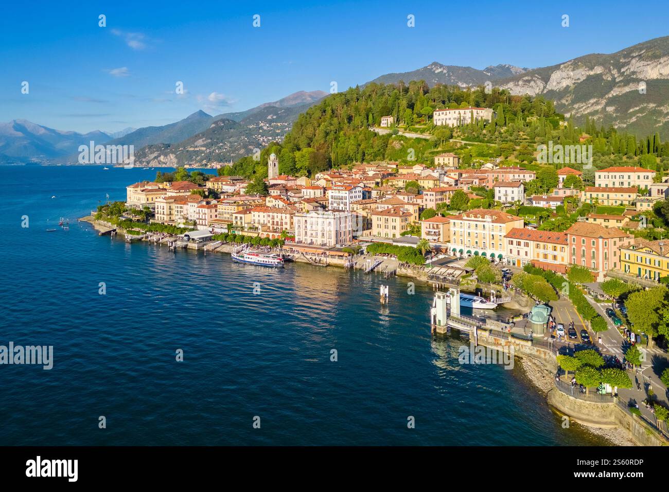 Aerial view of Bellagio town, on lake Como, in summer. Como Province ...