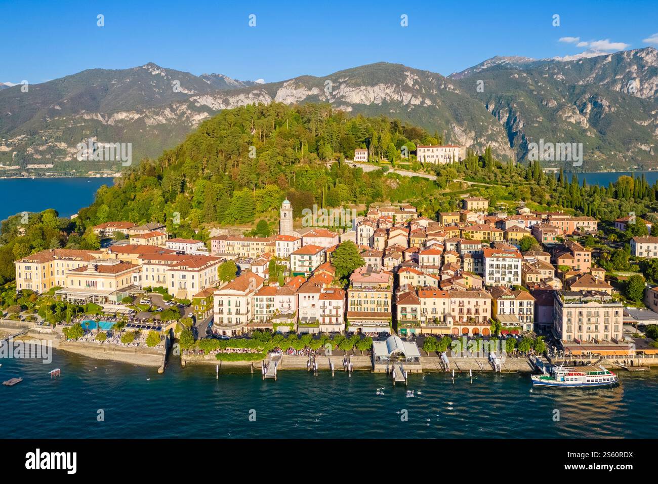 Aerial view of Bellagio town, on lake Como, in summer. Como Province ...