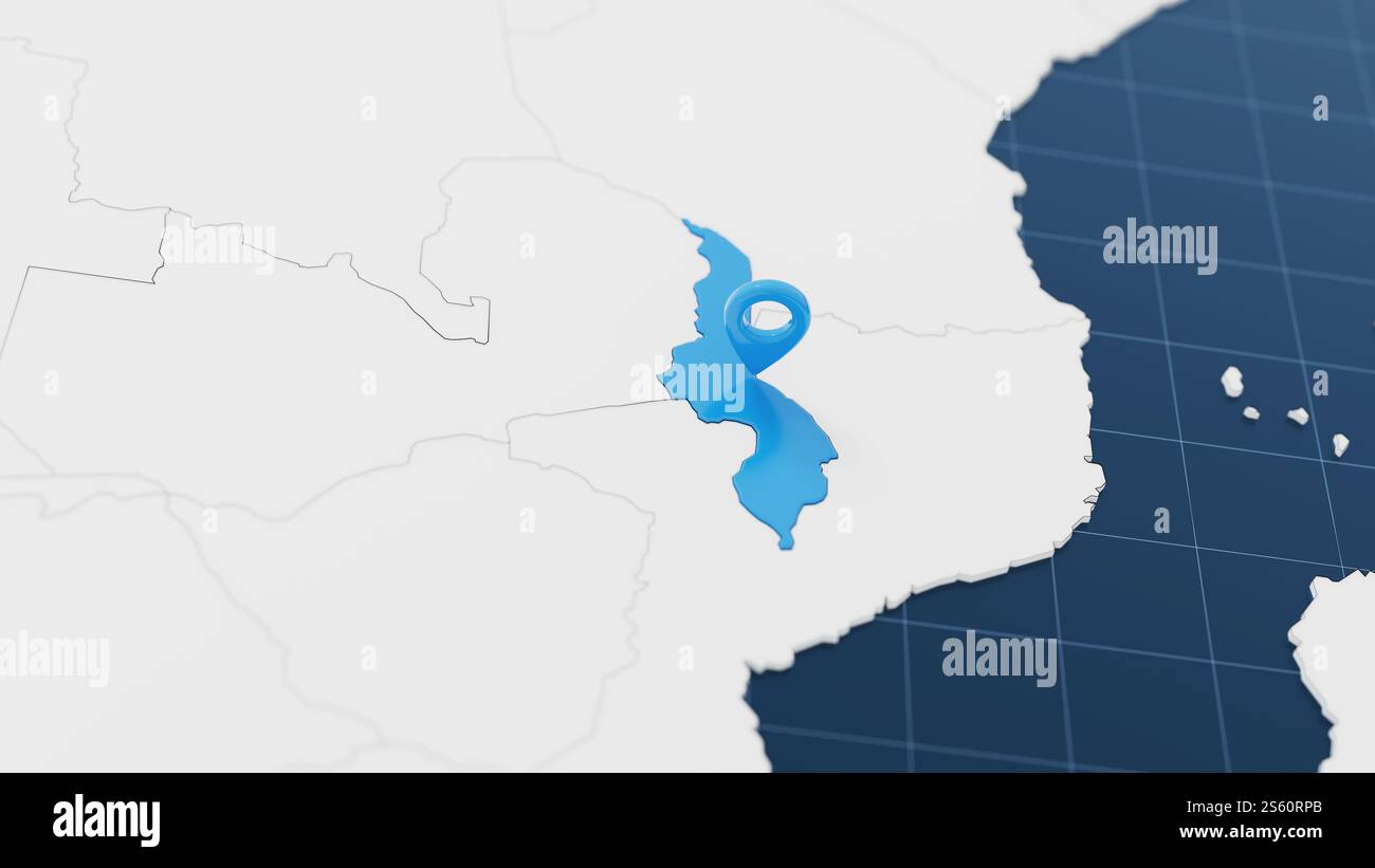 Blue Malawi 3d map with pointer pin surrounded with other countries in ...