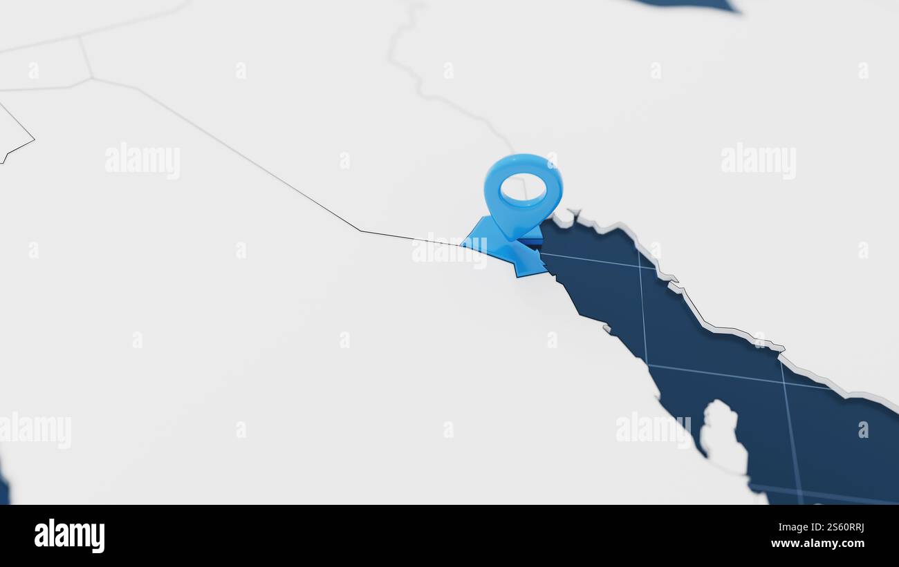 Blue Kuwait 3d map with pointer pin surrounded with other countries in ...