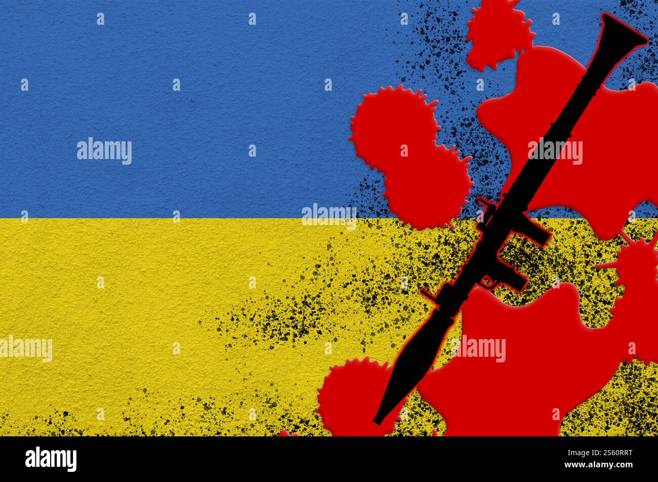 Ukraine flag and black RPG-7 rocket-propelled grenade launcher in red ...
