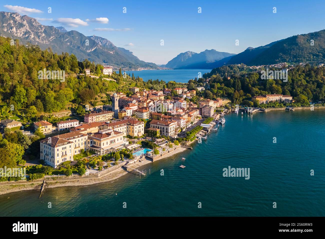 Aerial view of Bellagio town, on lake Como, in summer. Como Province ...