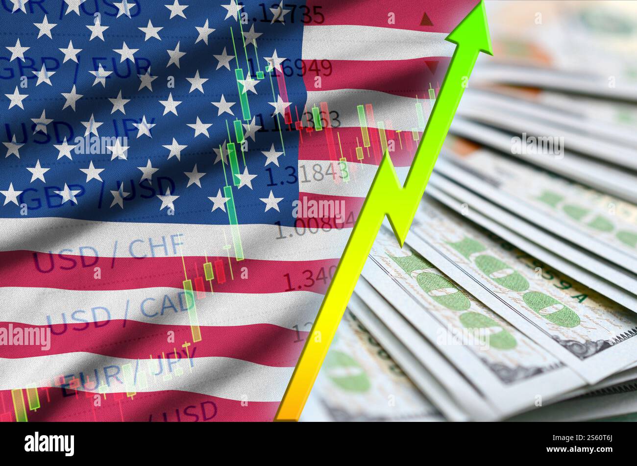 United States of America flag and chart growing US dollar position with ...