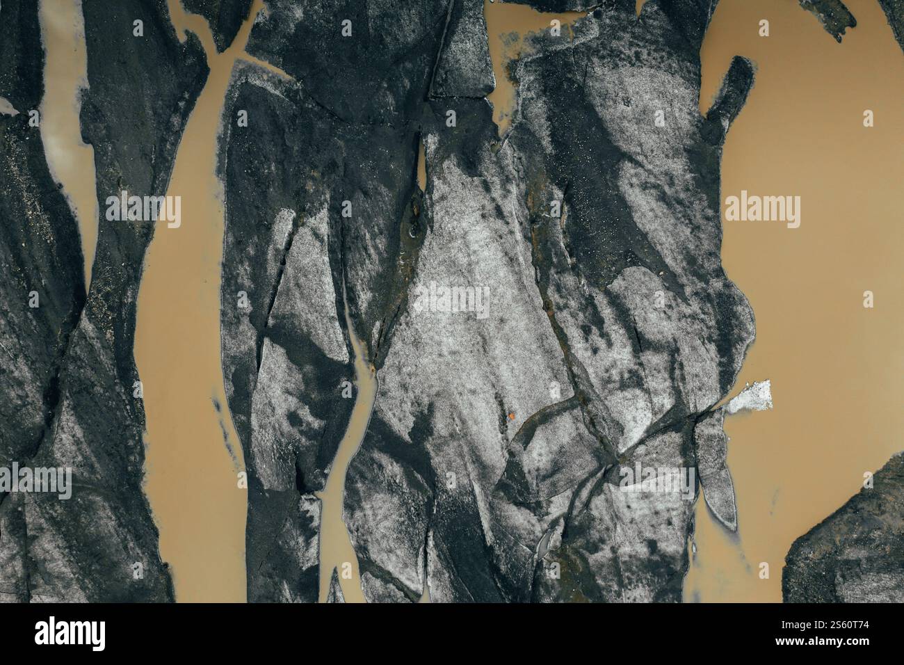 Aerial view of unique ice formations and glacial sediment at ...