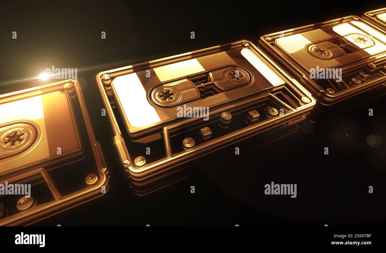 Audio Cassette tape retro 80s music record golden metal shine symbol ...