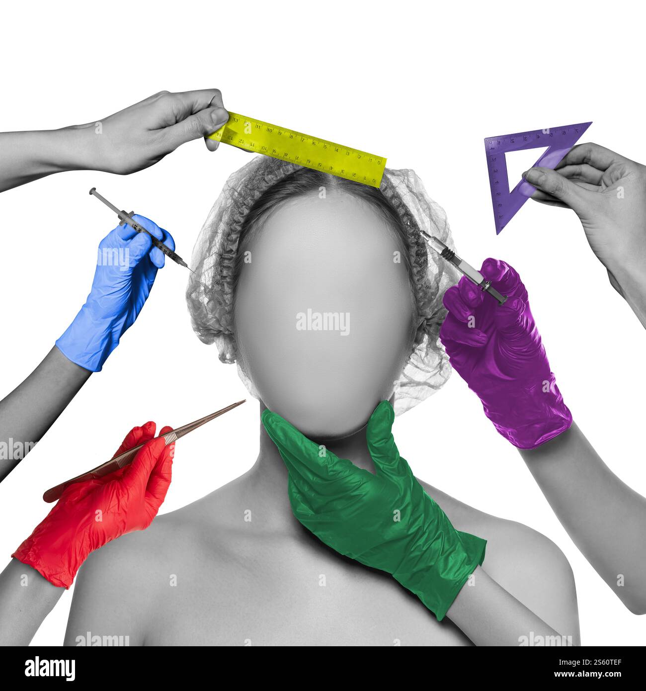 Creative art design. Faceless model with surgical gloves holding ...