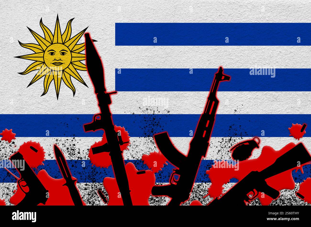 Uruguay flag and various weapons in red blood. Concept for terror ...