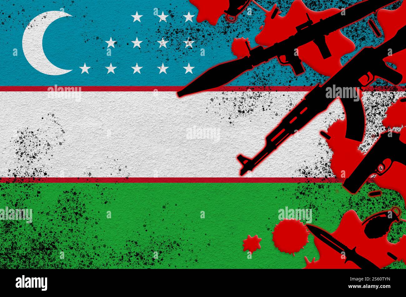 Uzbekistan flag and various weapons in red blood. Concept for terror ...