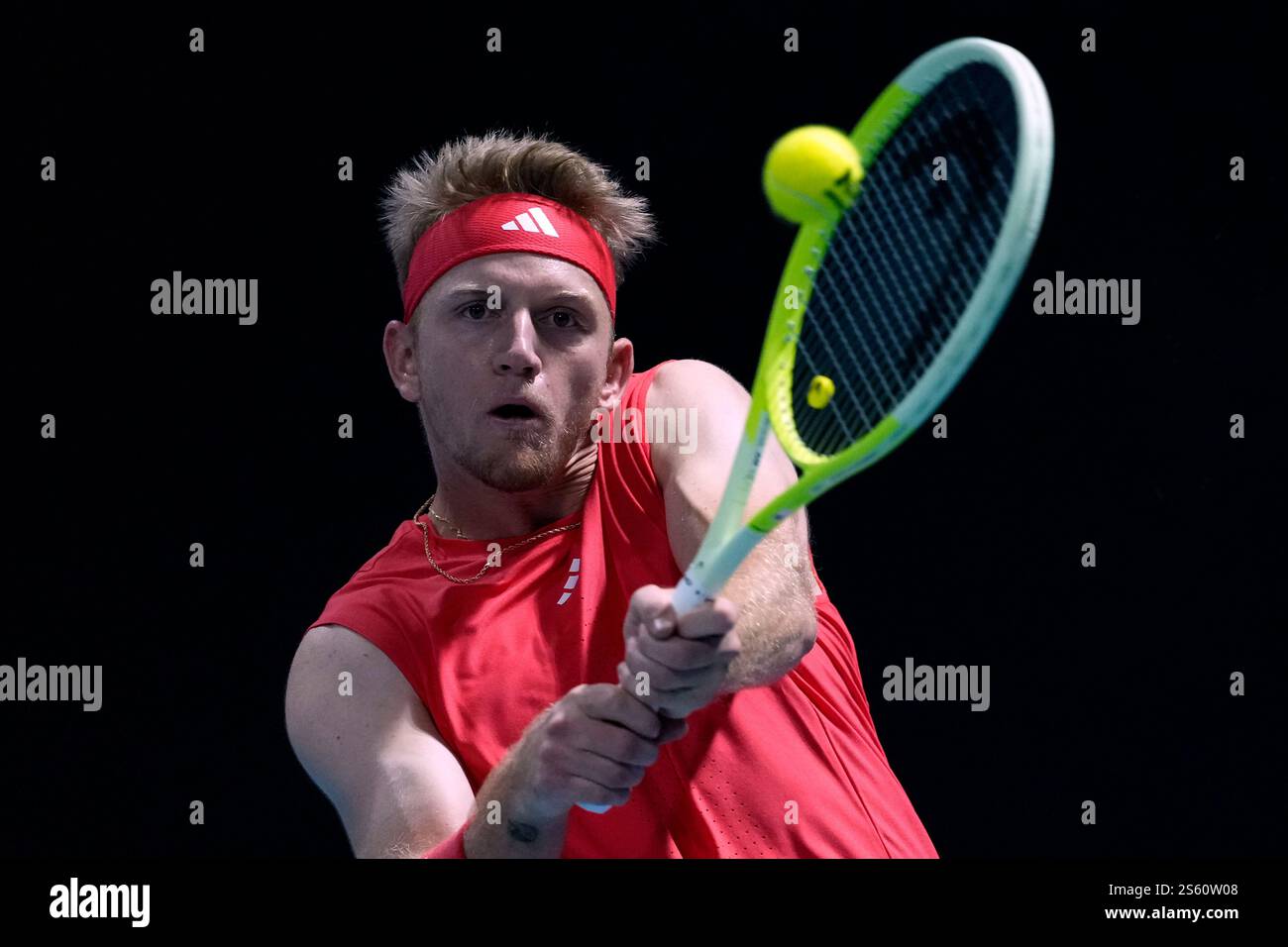 Alejandro Davidovich Fokina of Spain plays a backhand return to Felix Auger-Aliassime of Canada ...